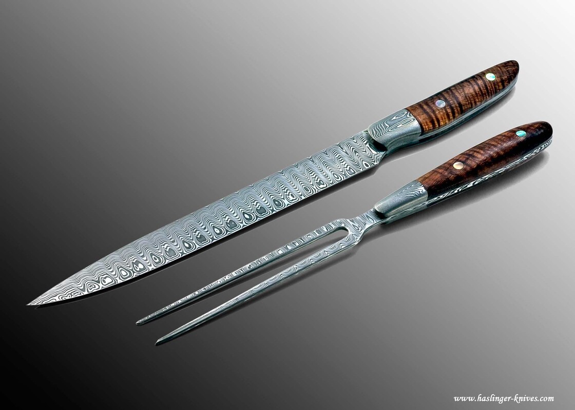 Stainless Ladder Damascus Carving Set Curly Koa | Haslinger Custom Knives