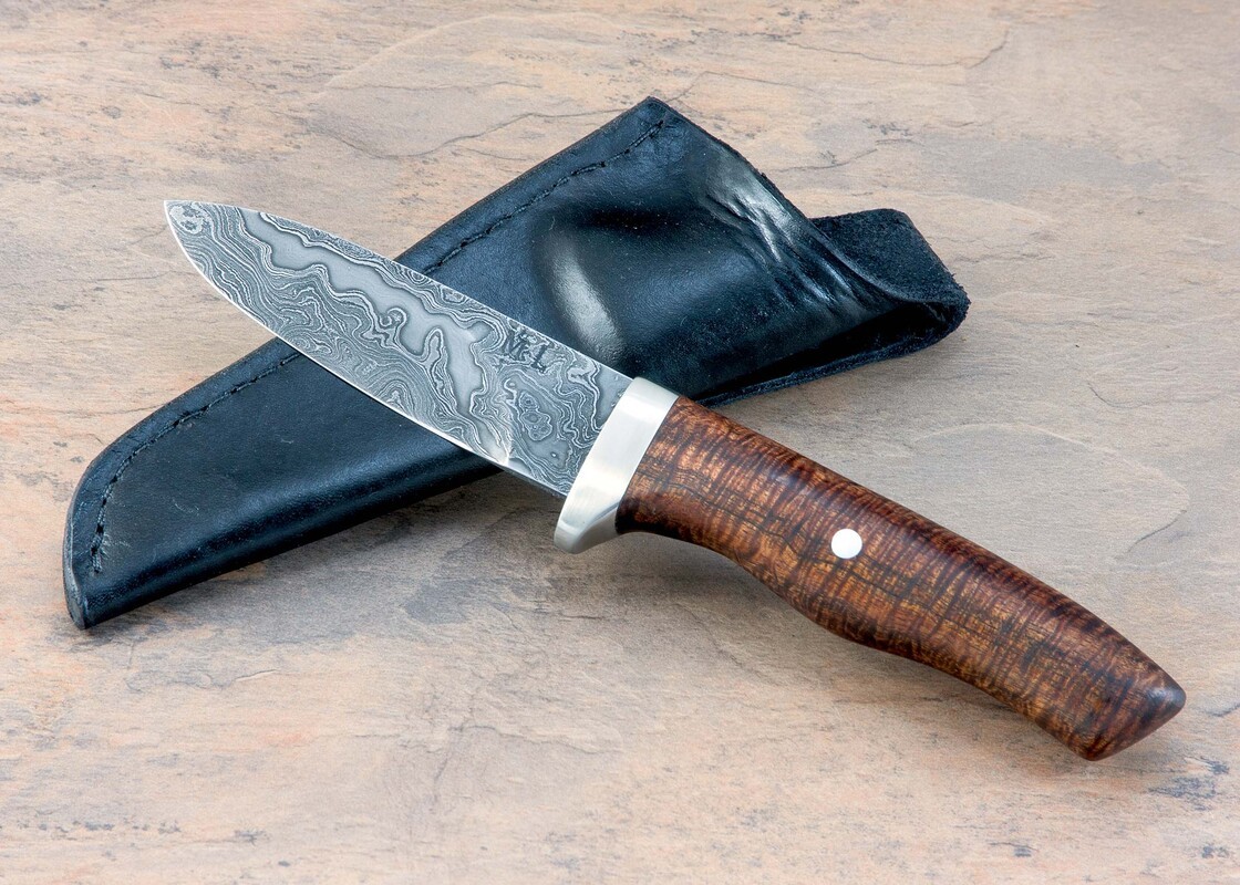 Aberdeen Damascus Hunter with Curly Koa Handle and Pearl Inlay ...