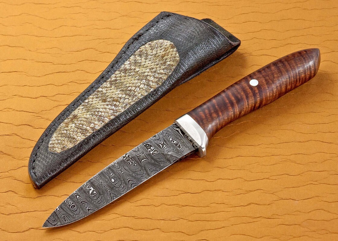 Ladder Damascus Hunter with Curly Koa Handle | Haslinger Custom Knives
