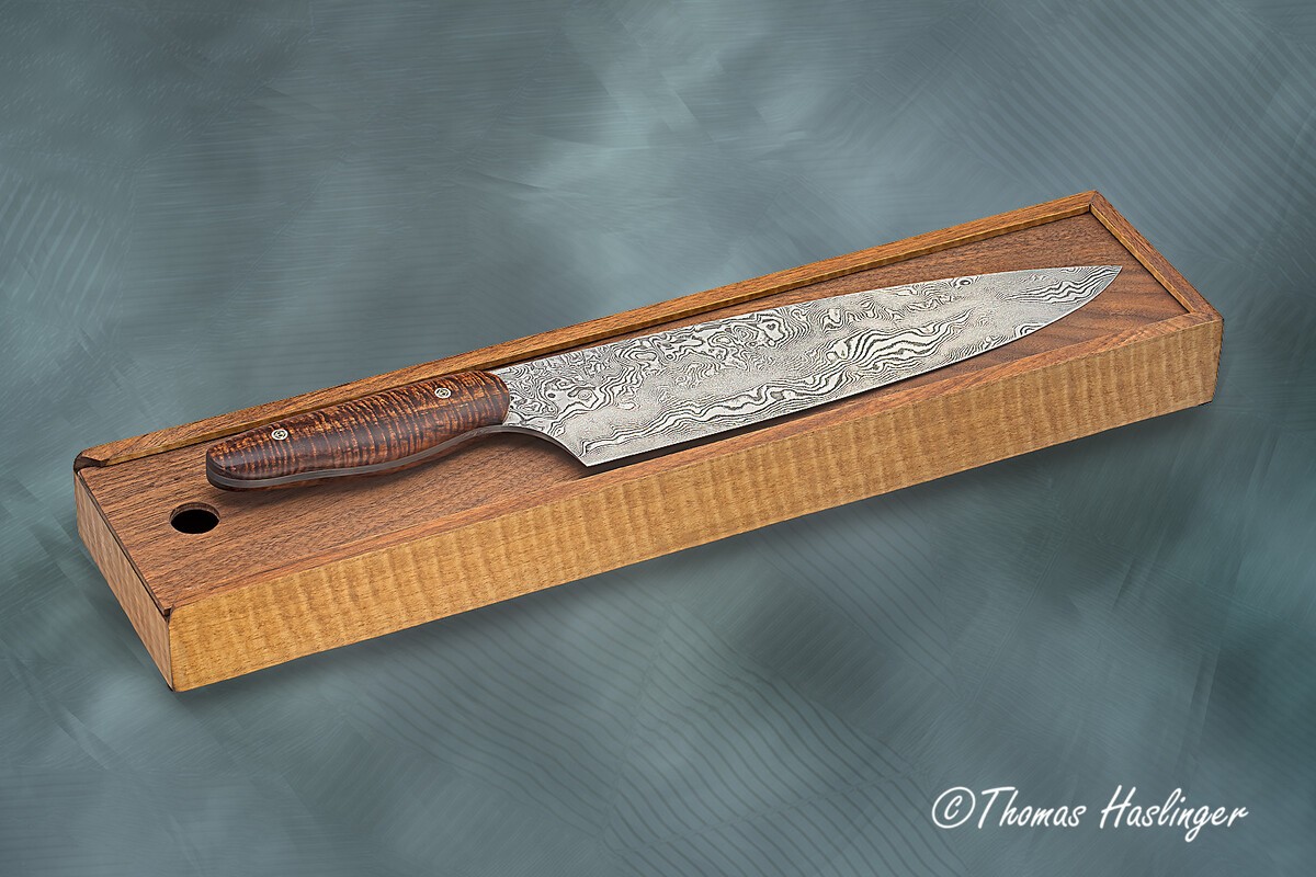 10.5" bladed Carbon Damascus Chef with Curly Koa Handle | Haslinger ...